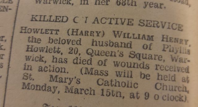 Howlett, William Henry (Harry) – Warwick War Memorial